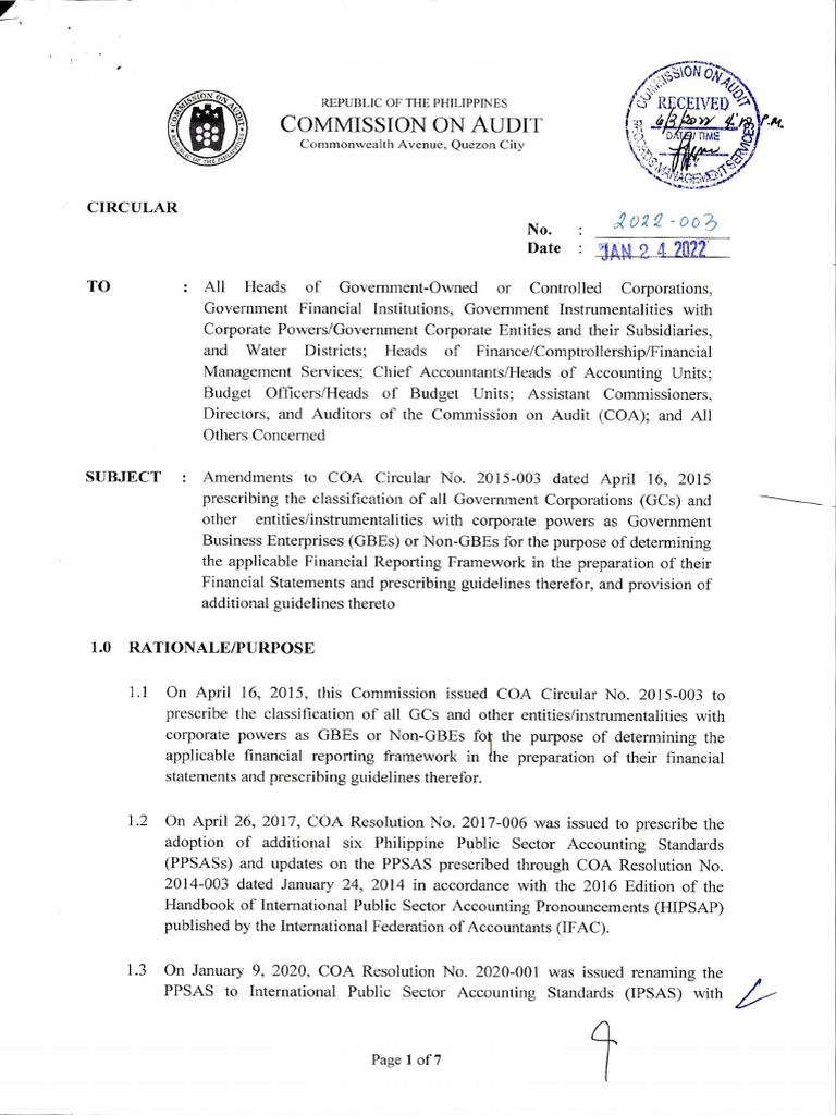 COA Circular No. 2022-003 - GBEs and Non-GBEs To CPSEs and Non-CPSEs | PDF