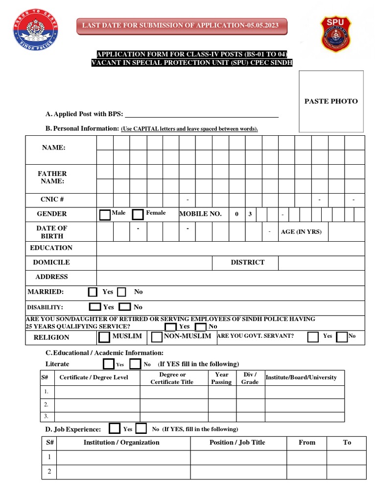 Class-IV SPU CPEC Sindh Form | PDF | Justice | Crime & Violence