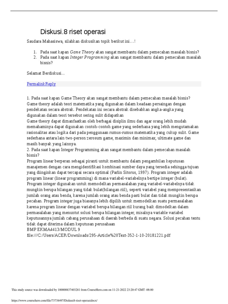 Diskusi.8 Riset Operasi | PDF | Komputer | Teknologi & Rekayasa