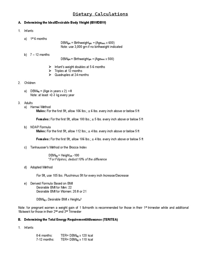 Dietary Calculations for Nutrition Needs | PDF