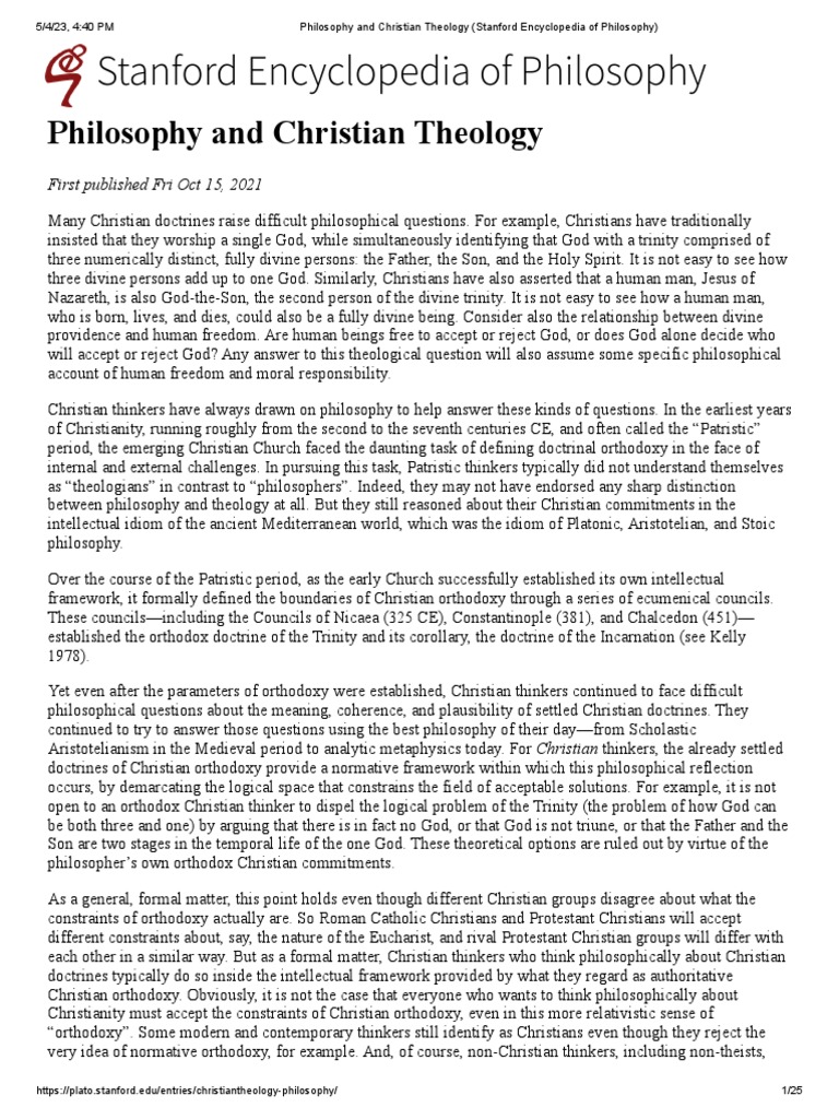 Philosophy and Christian Theology (Stanford Encyclopedia of Philosophy) PDF | PDF | Theology ...