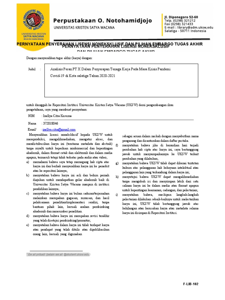 Formulir Pernyataan Persetujuan Penyerahan Lisensi Nonekslusif Tugas Akhir Dan Pilihan Embargo ...