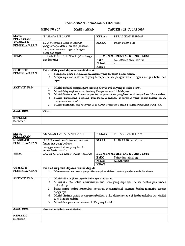 CONTOH RANCANGAN PENGAJARAN HARIAN | PDF