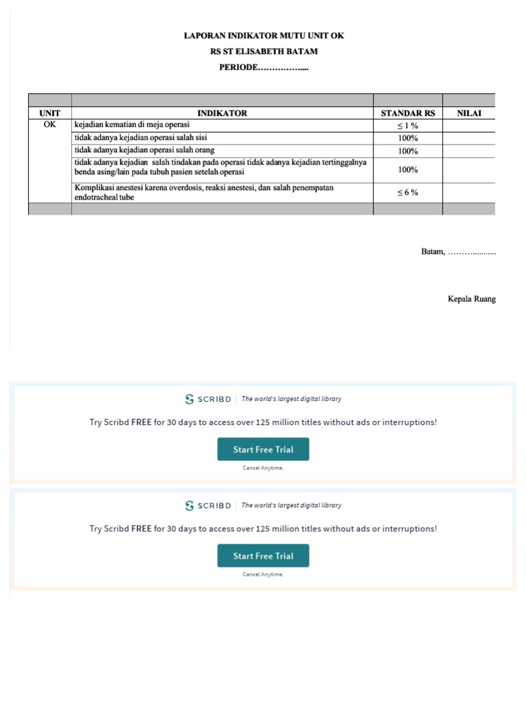 Form Indikator Mutu Unit Ok Lengkap | PDF