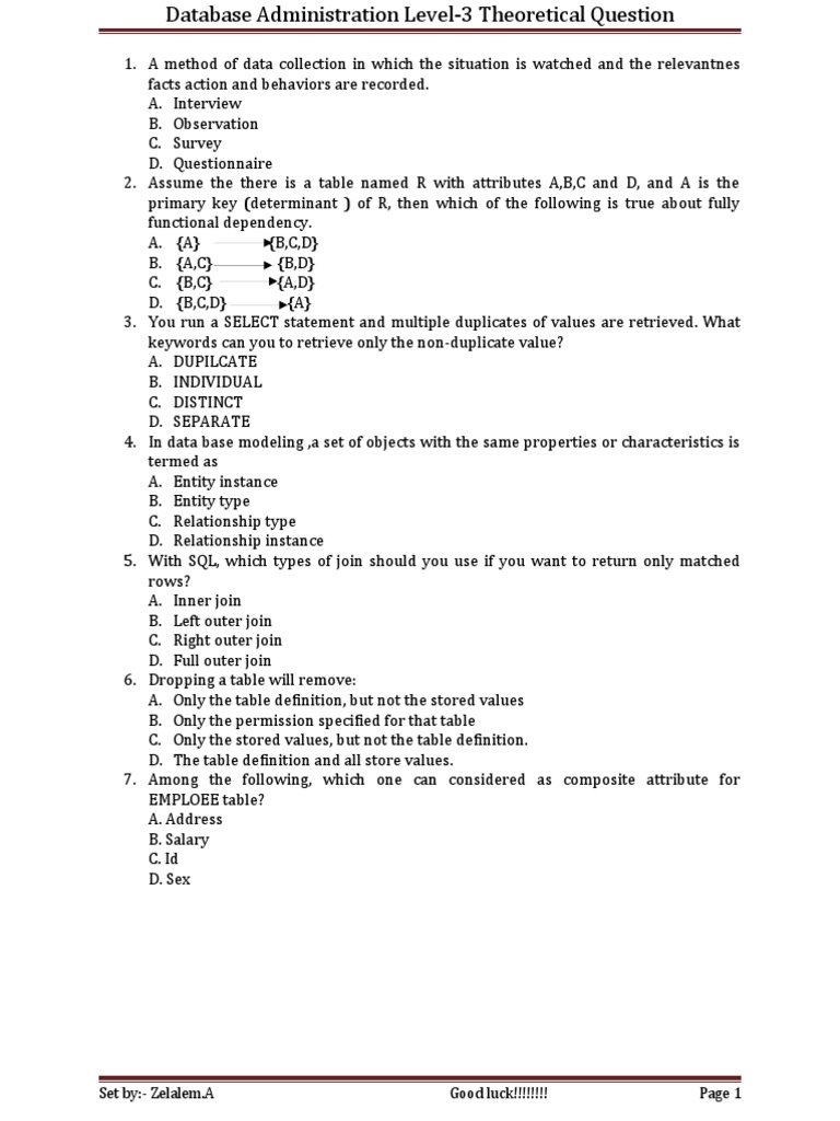 DBA.... - Level 3 Theoretical Exam | PDF