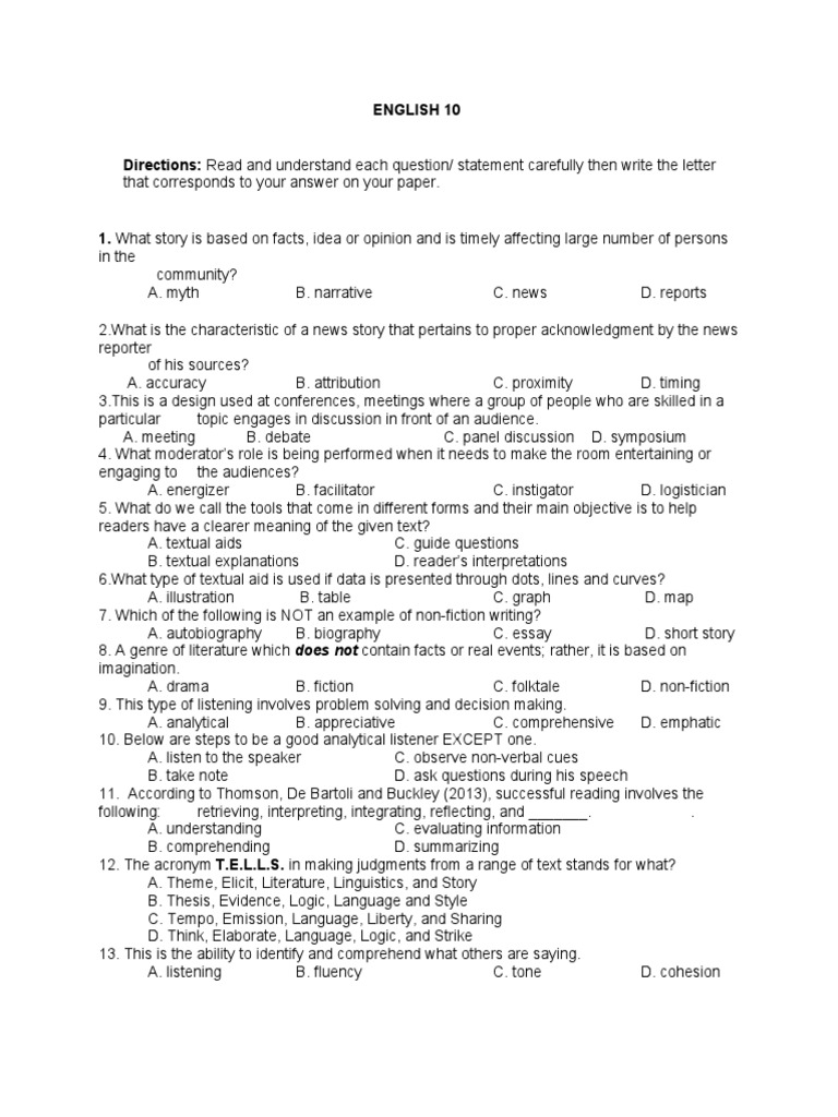 English 10 - Diagnostic Test | PDF | Gesture | Essays