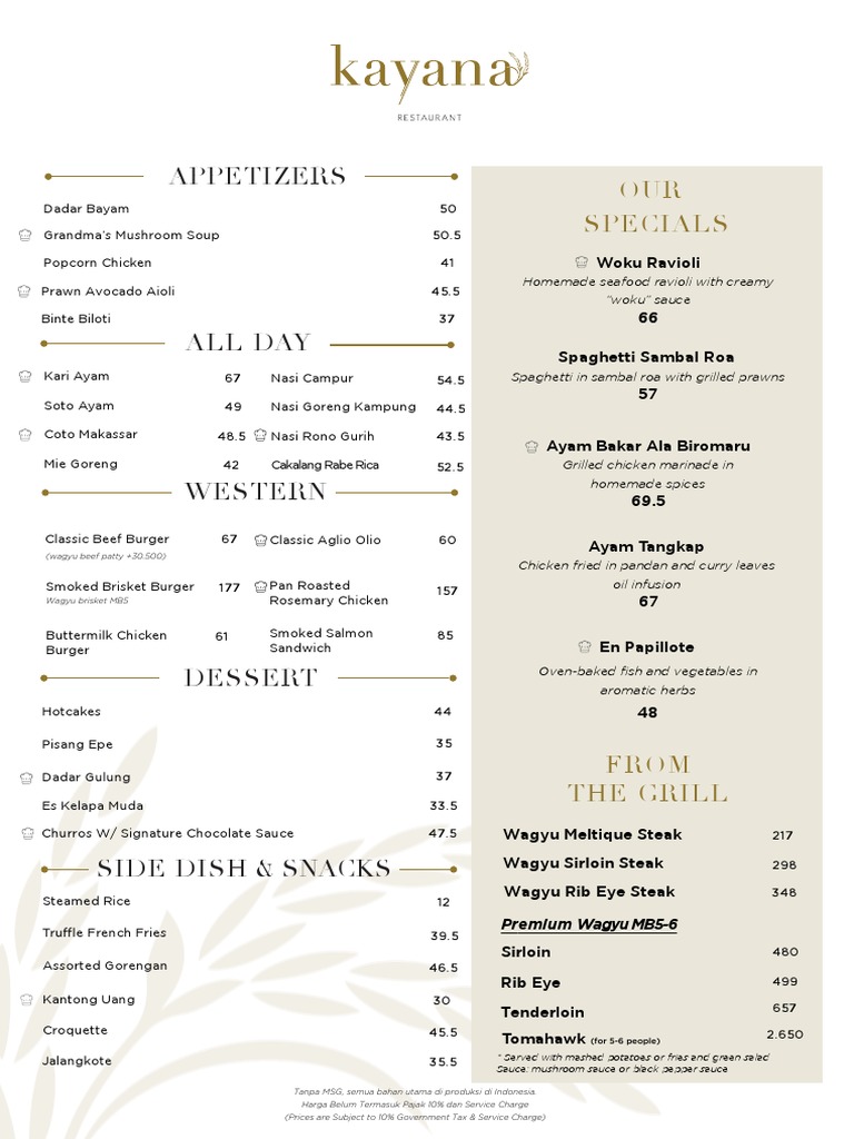 Kayana Restaurant Menu Overview | PDF