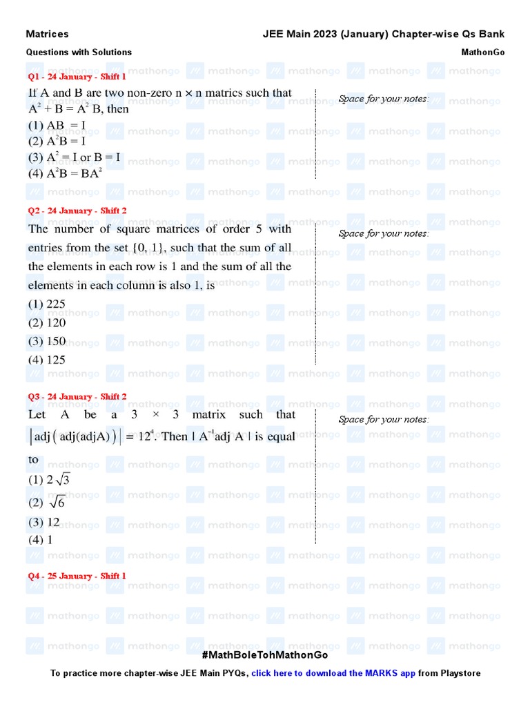 Matrices - JEE Main 2023 January Chapter Wise Questions by MathonGo PDF | PDF