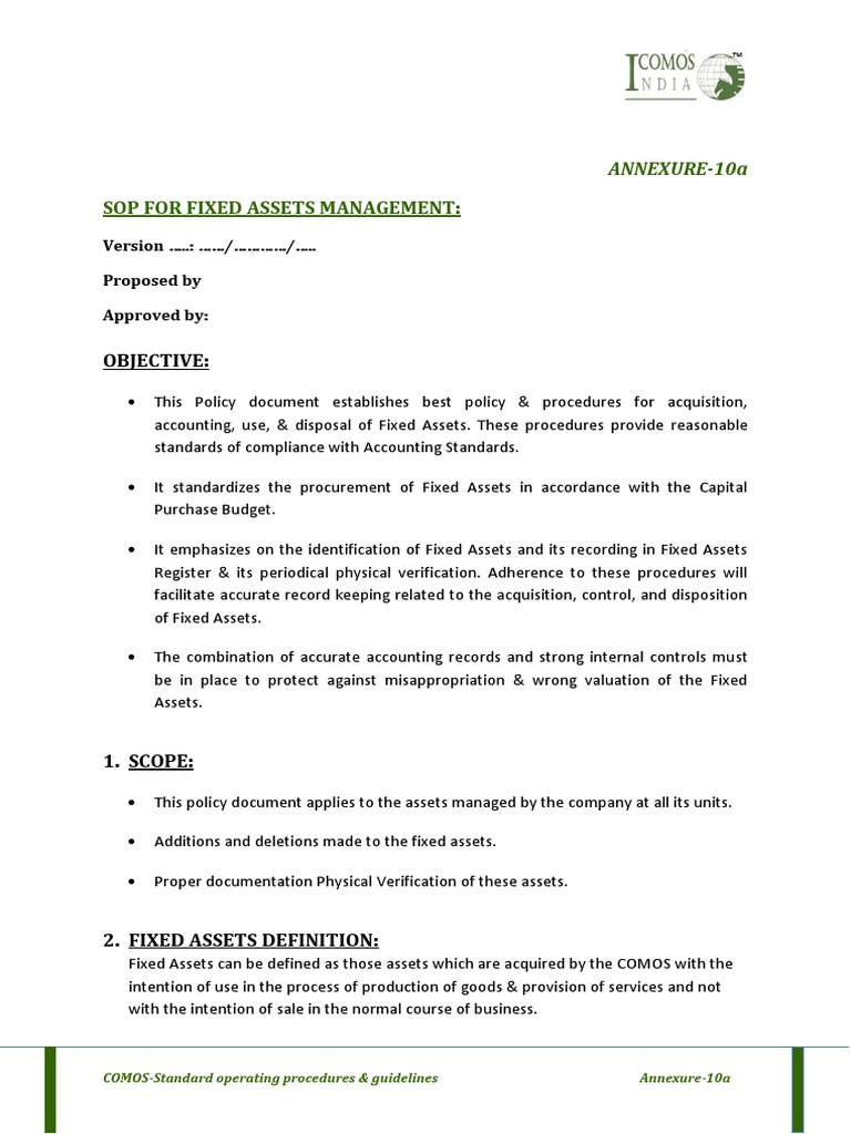 SOP for Fixed Asset Management | PDF | Fixed Asset | Depreciation