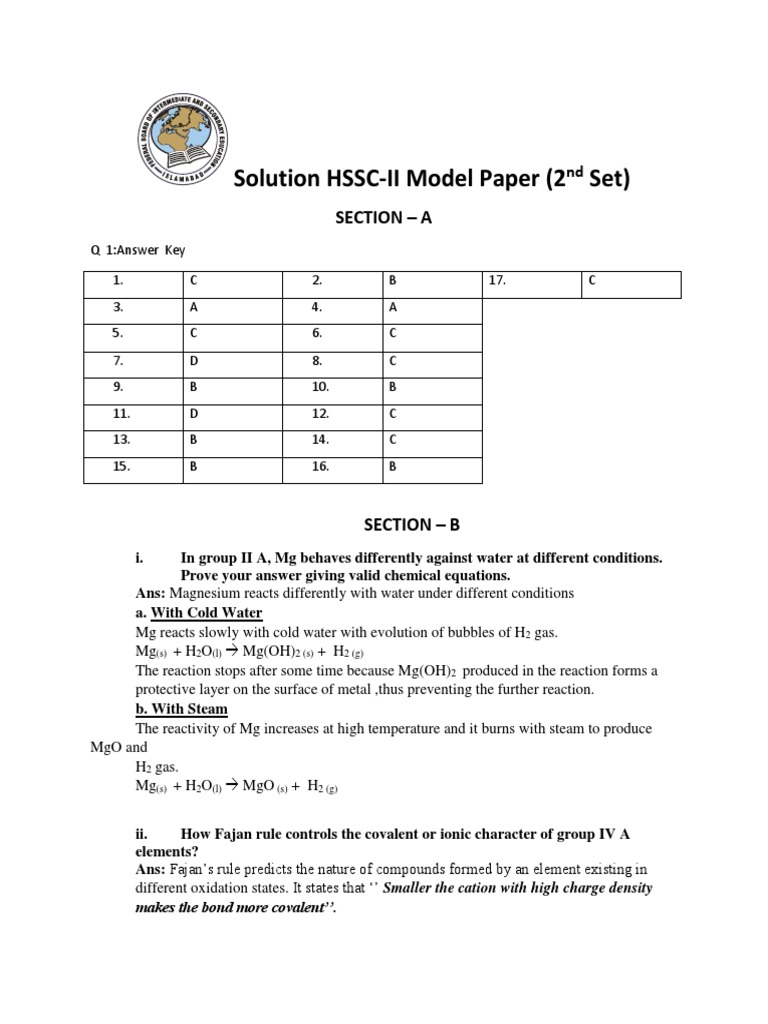 Chemistry HSSC-II Solution of 2nd Set Model Question Paper | PDF ...