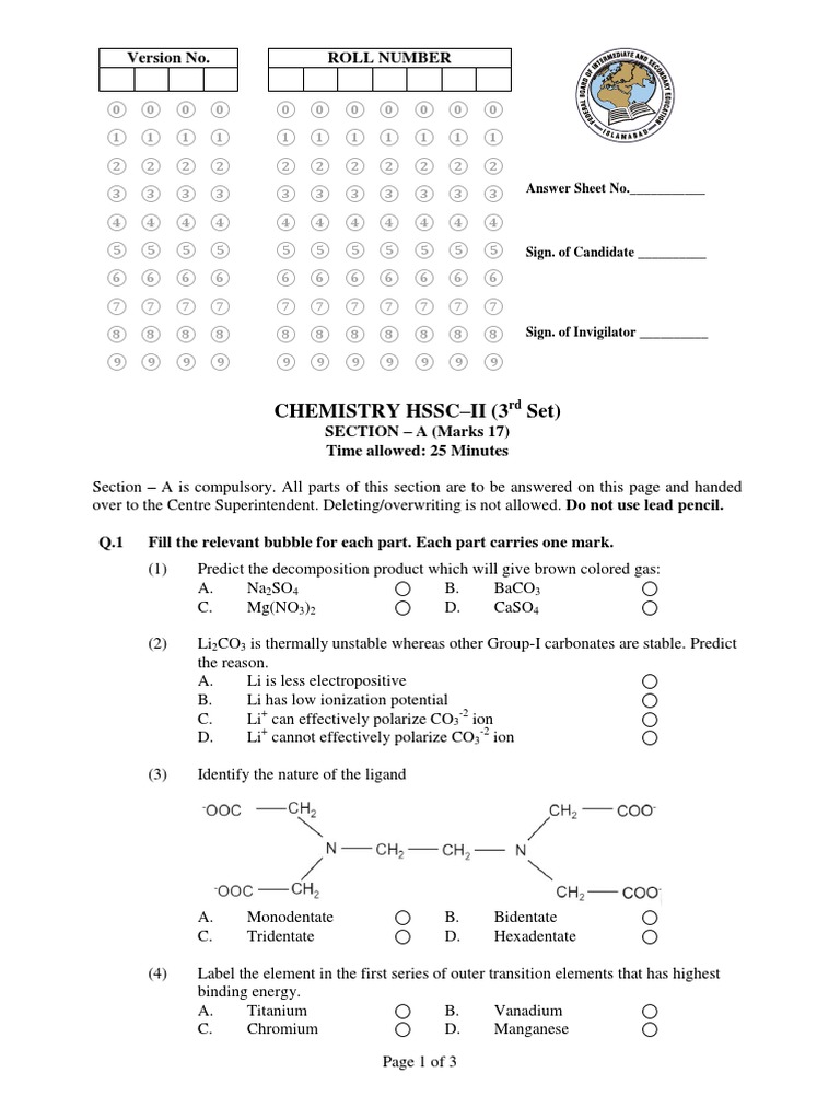 Chemistry HSSC-II Exam Paper | PDF | Aldehyde | Amine