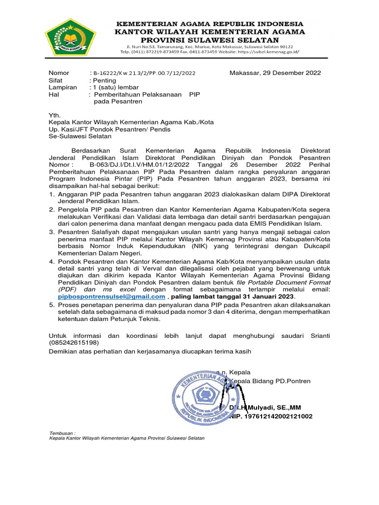 Pemberitahuan PIP Pesantren 2023 | PDF