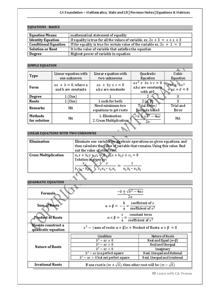 Equations and Matrices - Summary Notes | PDF | Matrix (Mathematics ...