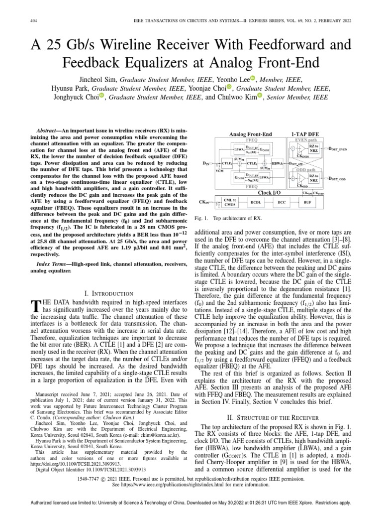 A 25 GB S Wireline Receiver With Feedforward and Feedback Equalizers at ...