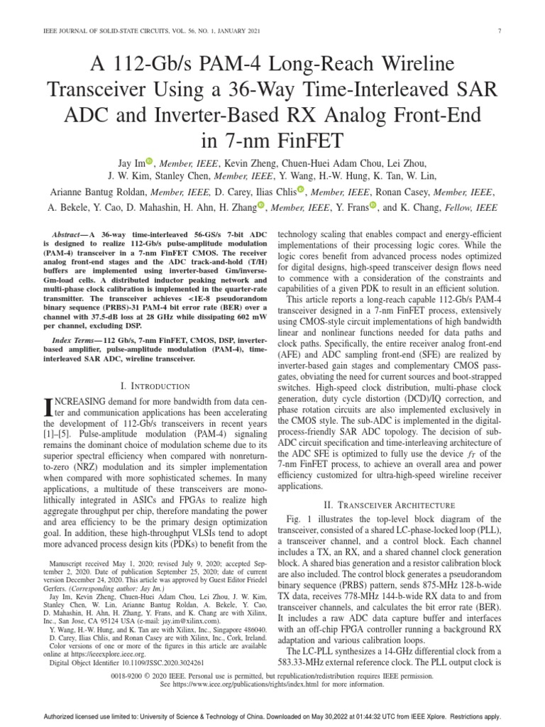 A 112 Gb S Pam 4 Long Reach Wireline Transceiver Using A 36 Way Time Interleaved Sar Adc And