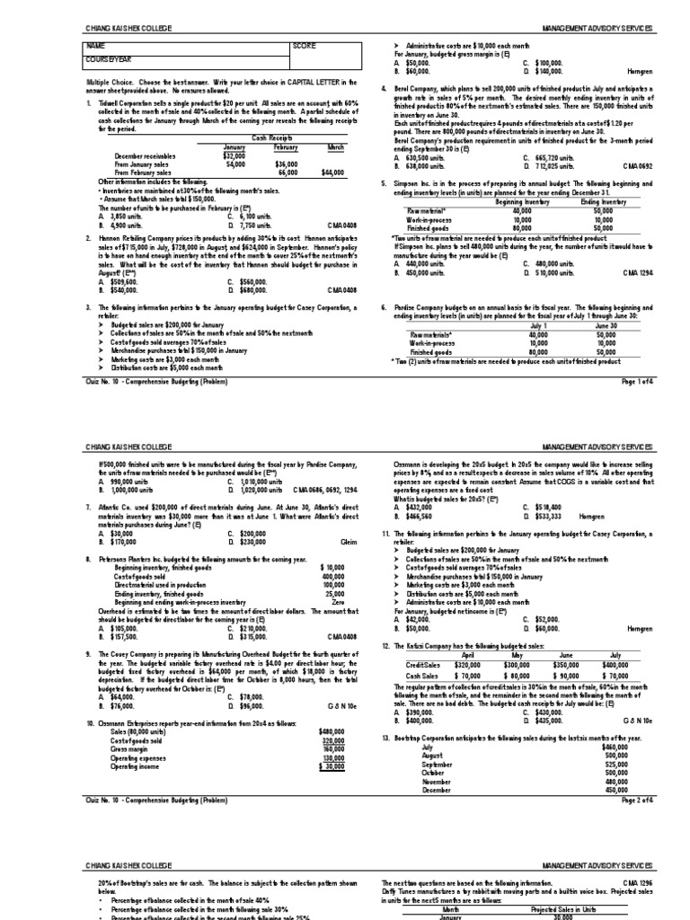 06 Budgeting Problem 20 Pdf Cost Of Goods Sold Inventory