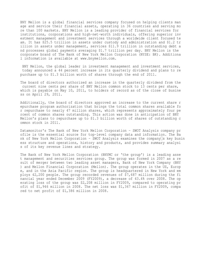 About BNY | PDF | The Bank Of New York Mellon | Investing