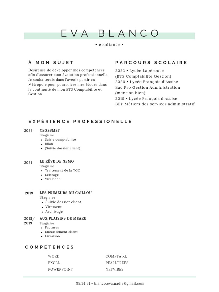 CV d'Eva Blanco : BTS Comptabilité | PDF | Finance et gestion monétaire