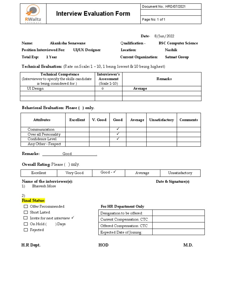 Interview Evaluation Form | PDF