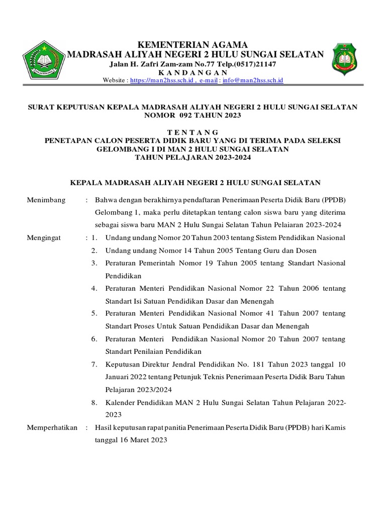 Sk Penetapan Siswa Baru 2023 Gel 1 Pdf