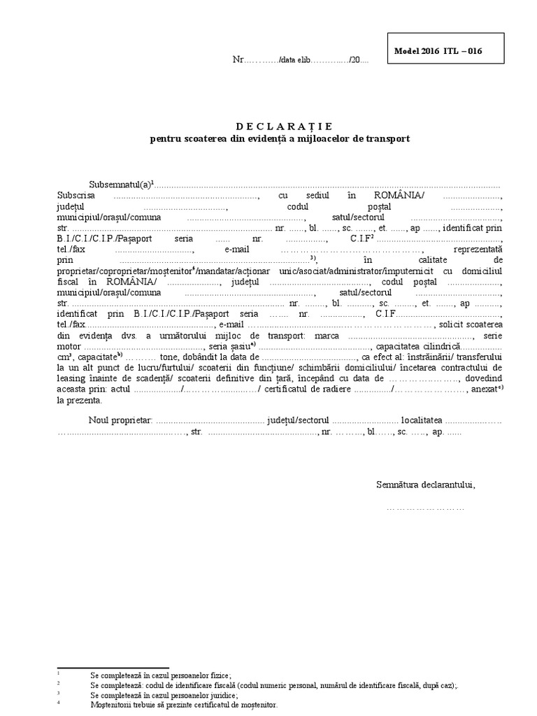 ITL 016 Declaratie de Scoatere Din Evidenta Auto | PDF