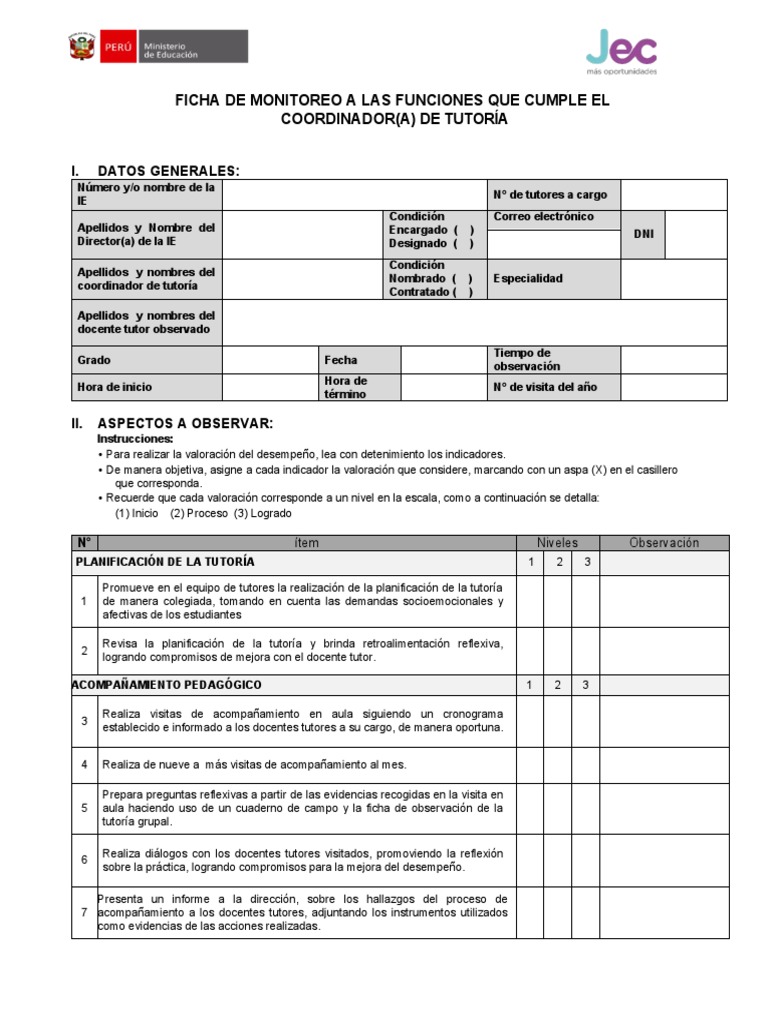 FICHA DE MONITOREO AL COORDINADOR de Tutoría | PDF