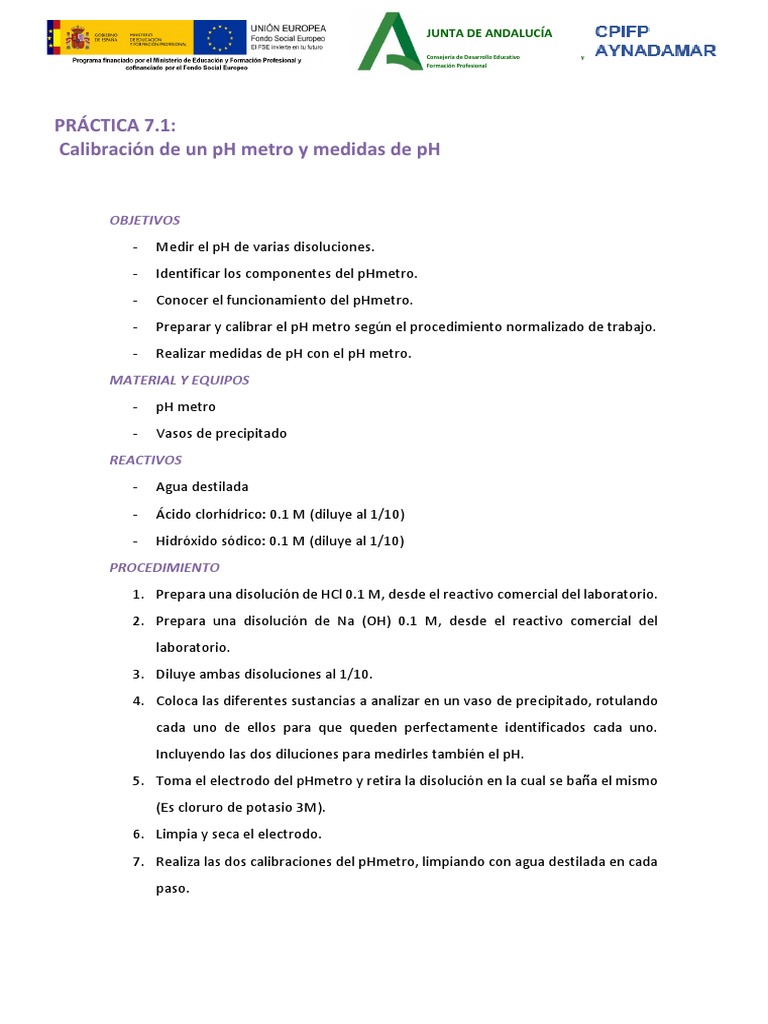 Práctica 7.1 - Calibración de Phmetro y Medidas de PH | PDF | Ph | Ácido clorhídrico