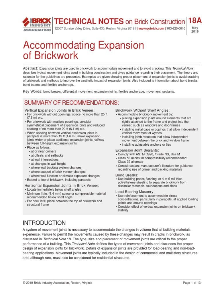 Accommodating Expansion of Brickwork: Technical Notes 18A | PDF ...