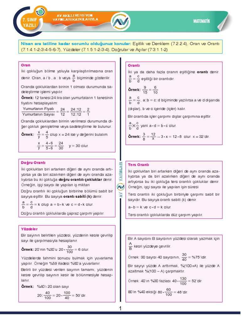 AV Yayınları - 7. Matematik Nisan Yazılıya Hazırlık | PDF