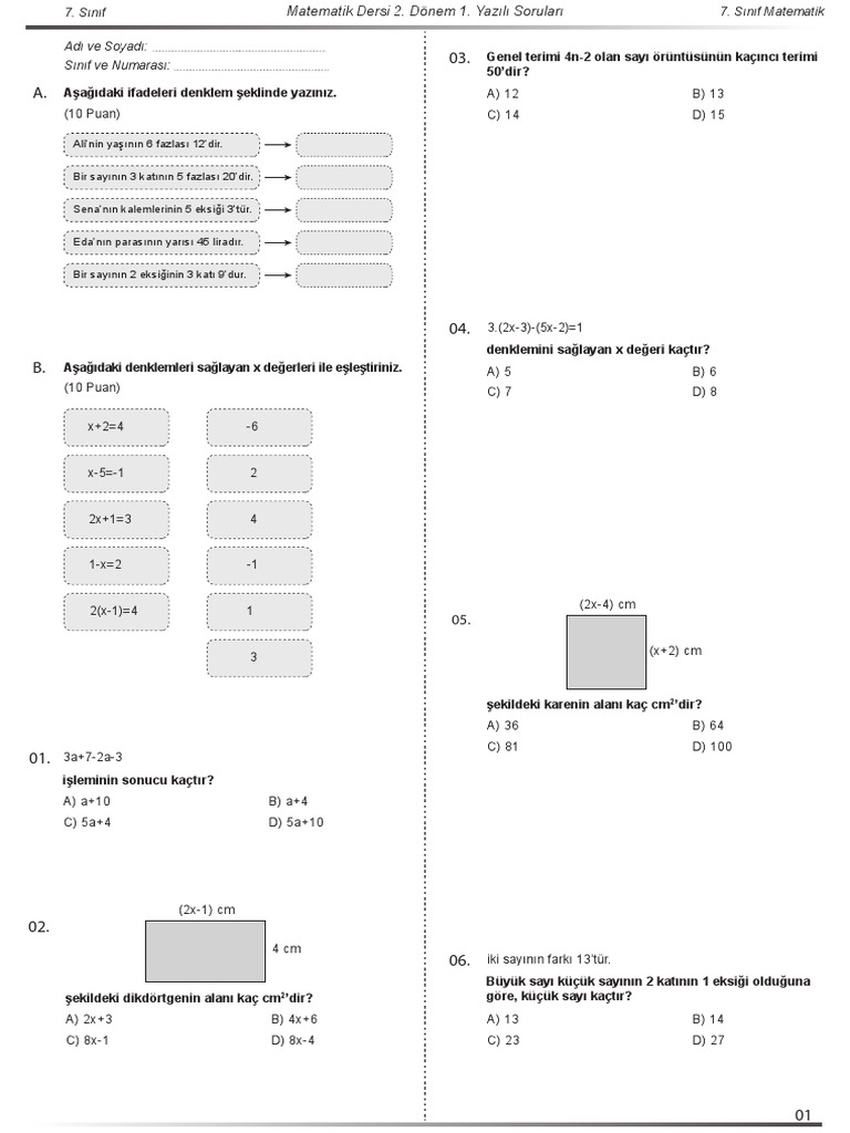 TELAT BİLİCAN - 7. Sınıf Matematik 2. Dönem 1. Yazılı 2021-2022 | PDF