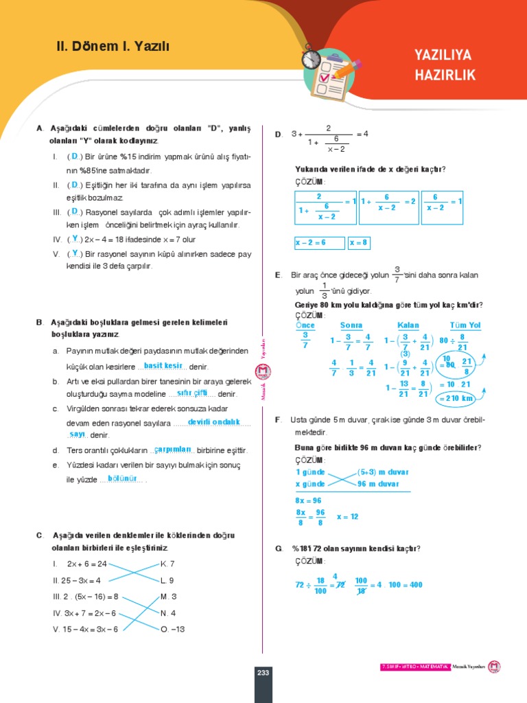 Mozai̇k - 7.sinif Ii - Dönem I. Yazili Matemati̇k Cevaplari | PDF