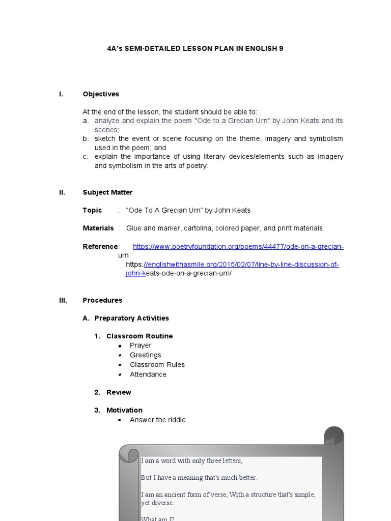 Lesson Plan: Analyzing Keats' Ode | PDF