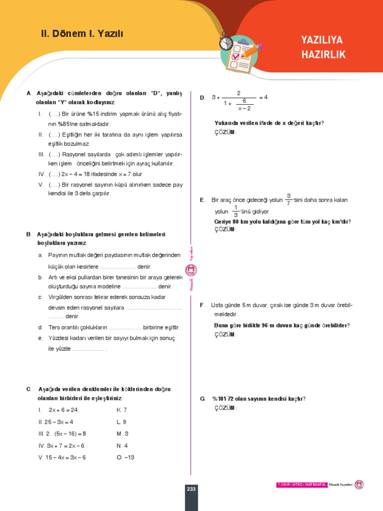 MOZAİK - 7.SINIF II.DÖNEM I. YAZILI MATEMATİK | PDF
