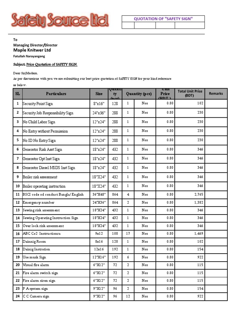 Revise Price Quotation For Safety Sign Maple Knit | PDF | Safety