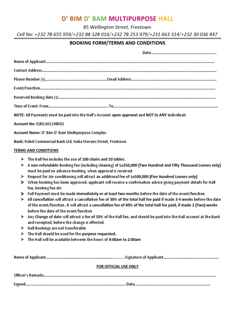 D Bam D Bam Hall Hire and Booking Form - Rev-1 | PDF | Service Industries