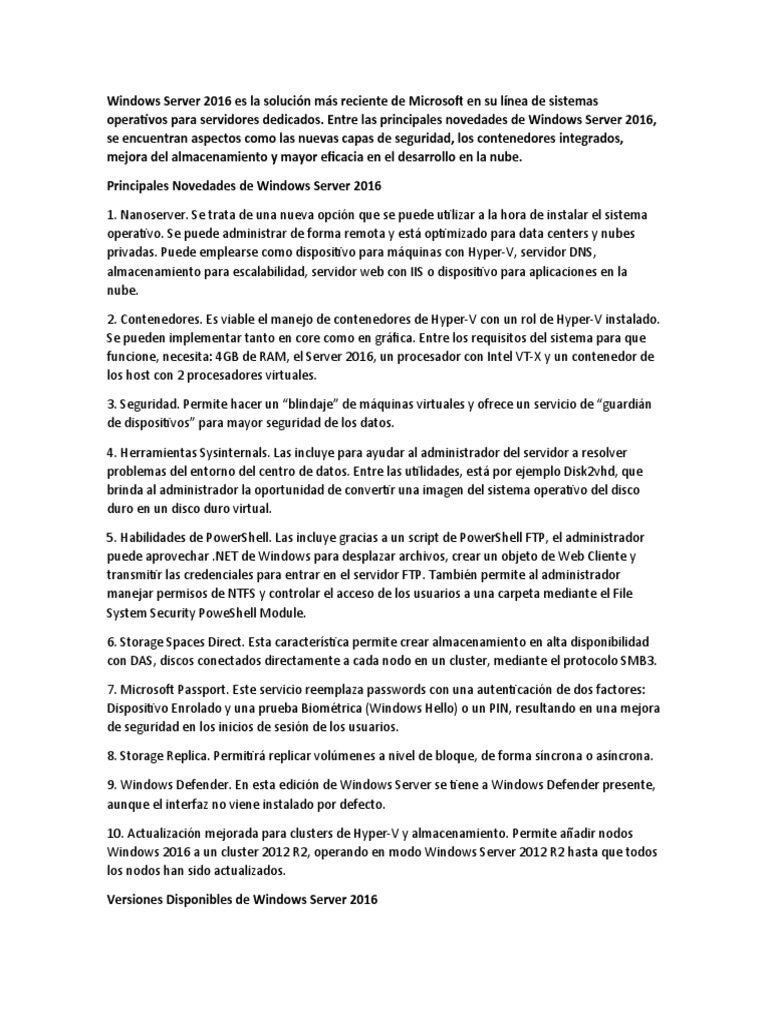 Caracteristicas Windows Server 2016 | PDF | Microsoft Windows | Arquitectura de Computadores