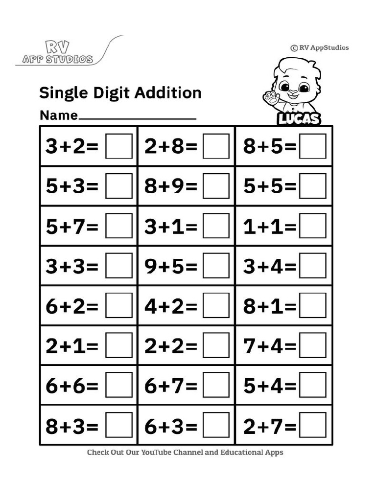 144 Free Printable Worksheets For Kids Single Digit Addition Worksheets ...
