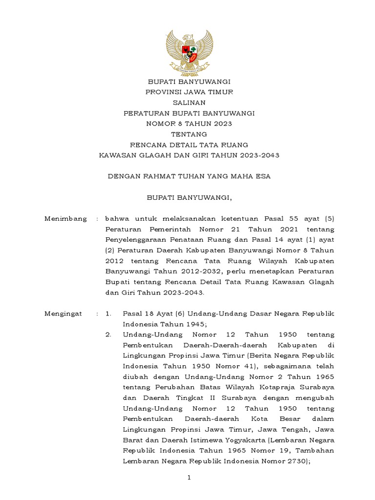 PERBUP NO 8 TAHUN 2023 Ranperkada RDTR Kawasan Glagah Giri - Final | PDF