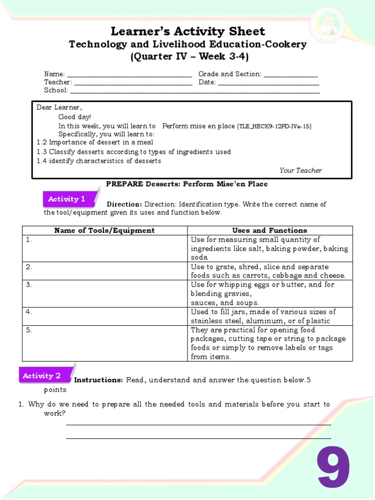 Prepare Desserts: Mise en Place Activity Sheet | PDF | Desserts | Pudding