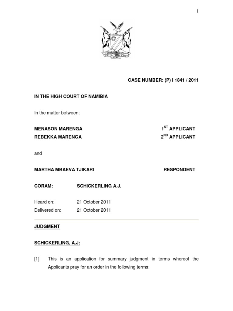Marenga and Another V Tjikari - Application For Ejectment | PDF ...