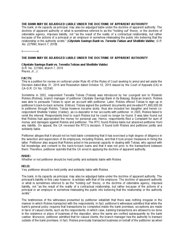 Bank liable under apparent authority doctrine for branch manager's acts ...