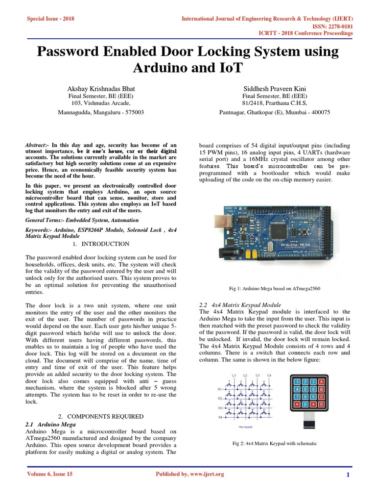 Password Enabled Door Locking System Using Arduino And Iot Ijertconv6is15106 Pdf Arduino