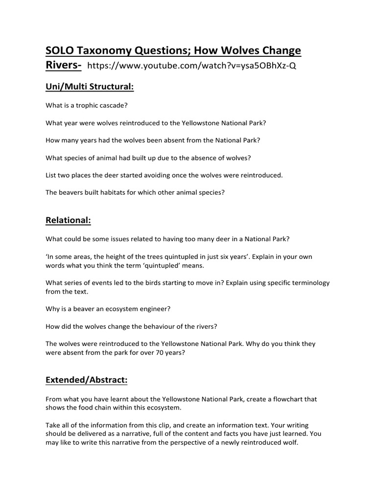 SOLO Taxonomy Questions- How Wolves Change Rivers.pdf | PDF