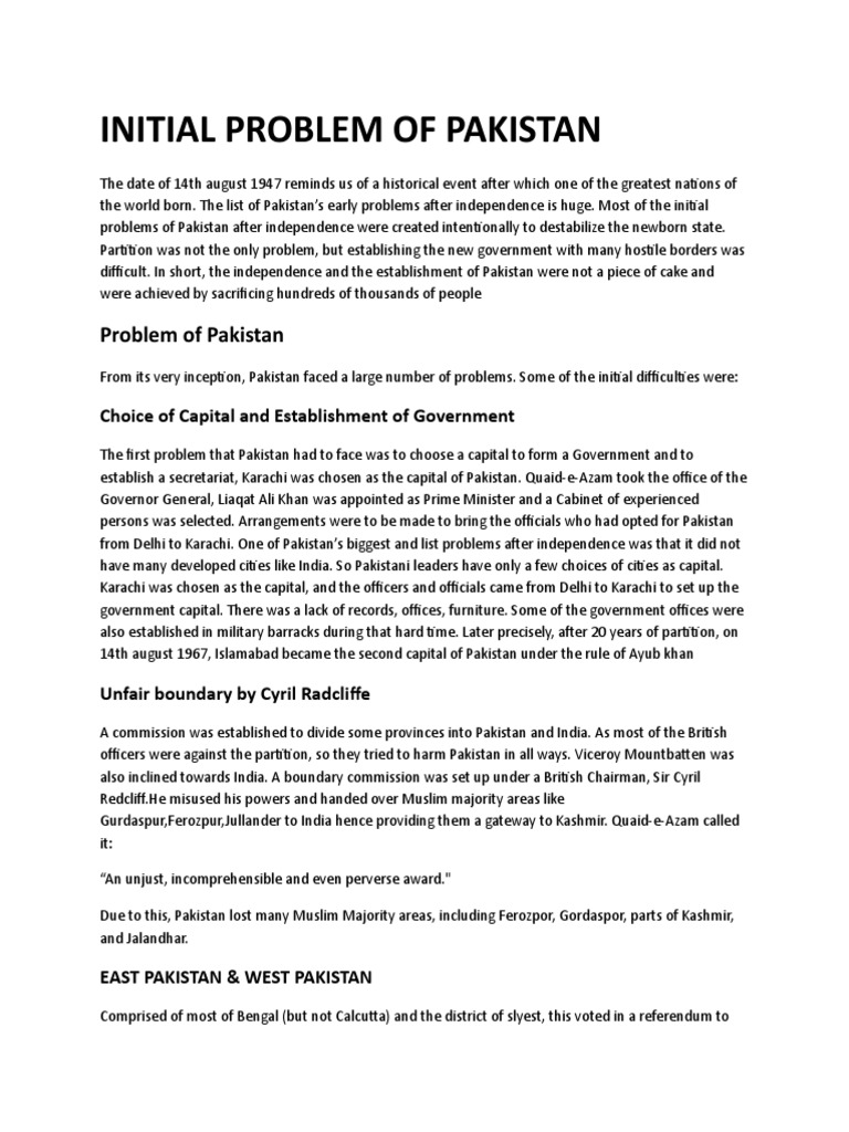 Initial Problems Faced by Pakistan After Independence | PDF | Pakistan ...