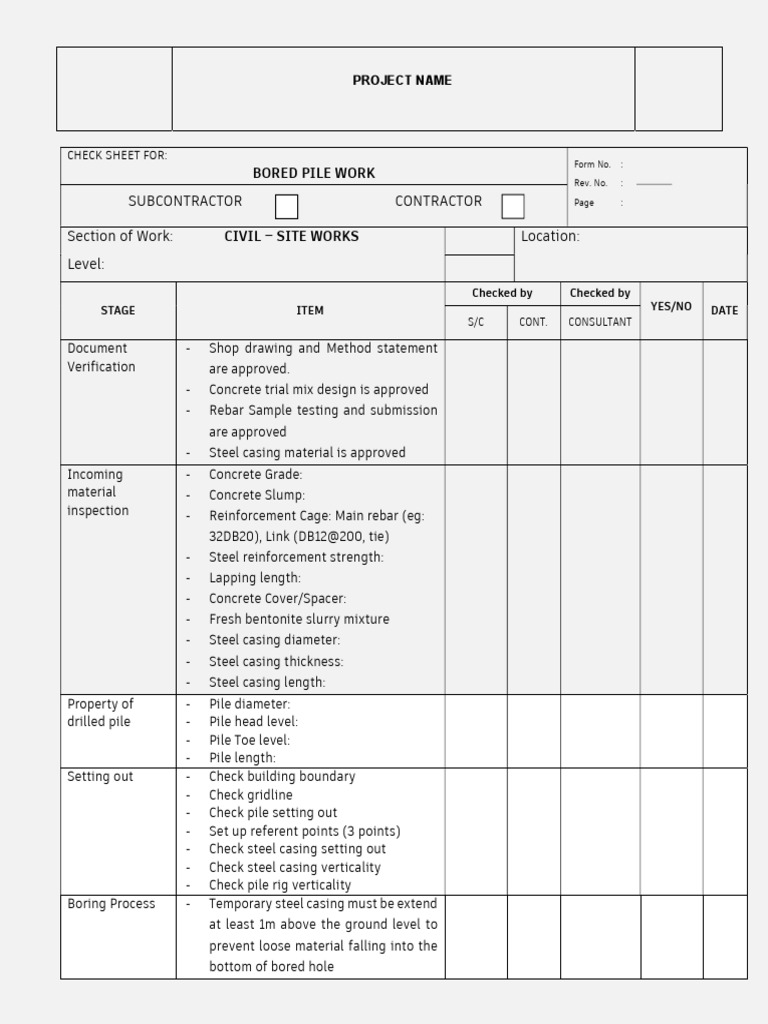 Bored Pile Check Sheet | PDF | Deep Foundation | Concrete