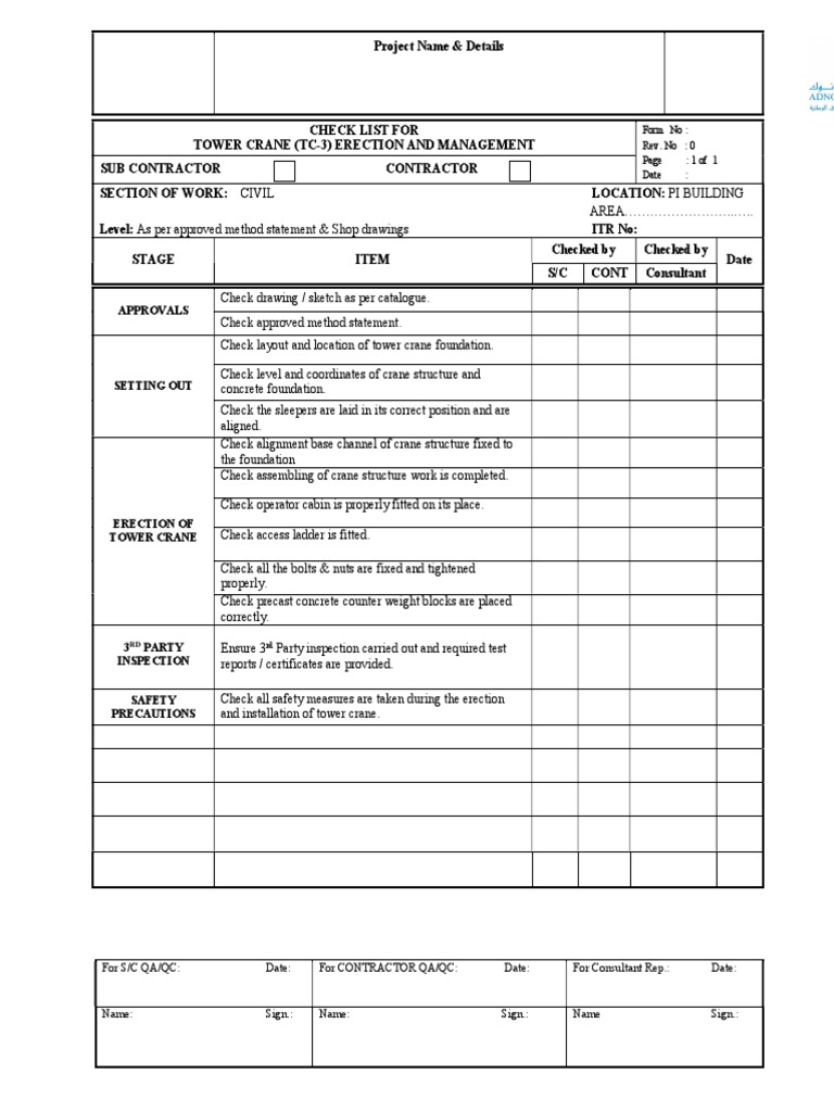 Tower Crane Erection Check Sheet | PDF | Civil Engineering