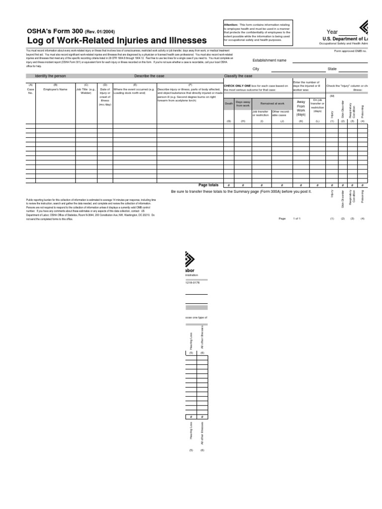 Osha 300 Log Form | PDF | Occupational Safety And Health Administration ...