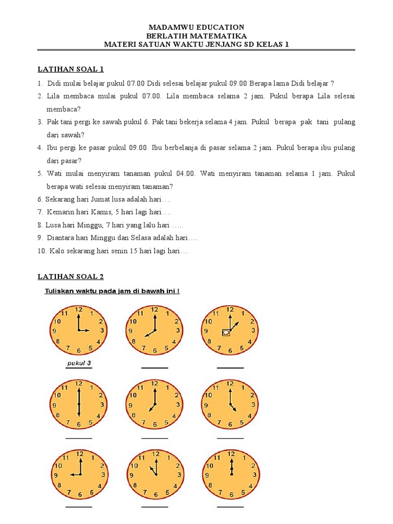 Soal Matematika Jam Kelas 1 SD | PDF