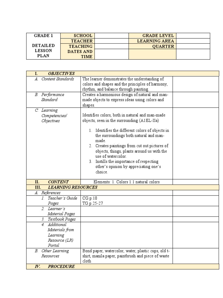 GRADE 1 Lesson Plan in Art | PDF | Color | Paintings