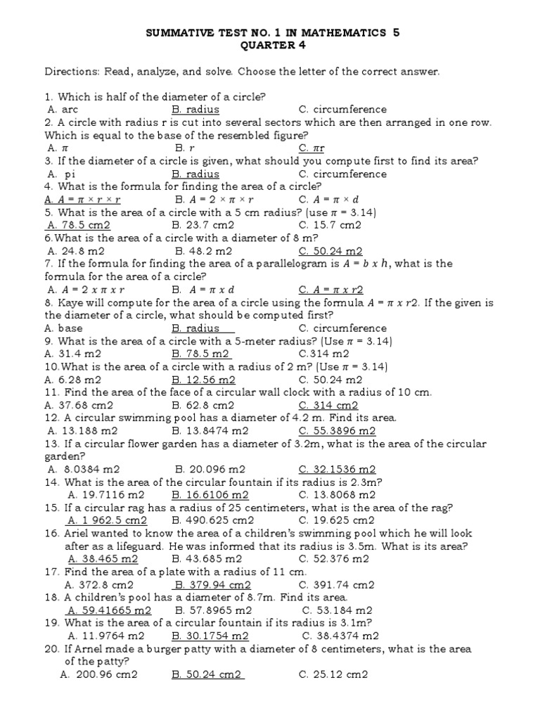 q4 Summative Test No.1 Math 5 | PDF | Area | Circle